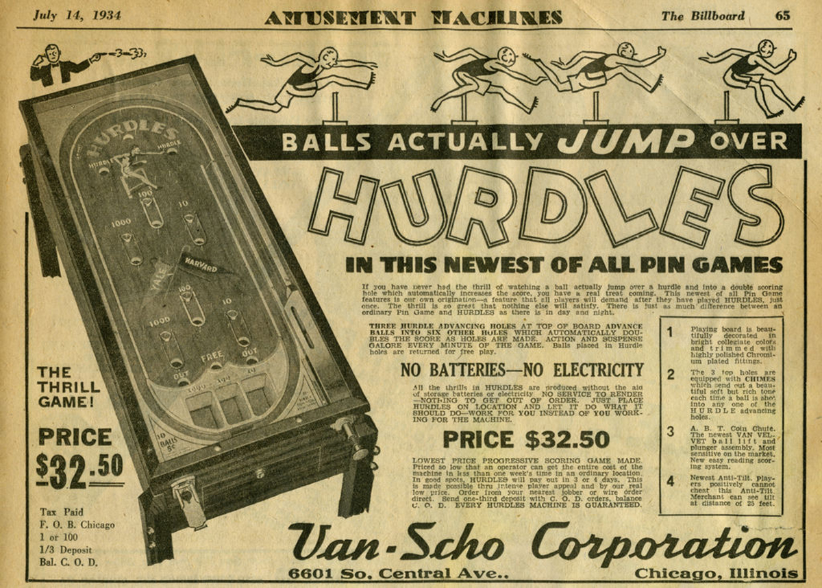 1934 Van-Scho Corp Hurdles pinball, pre-WW2, collector buying